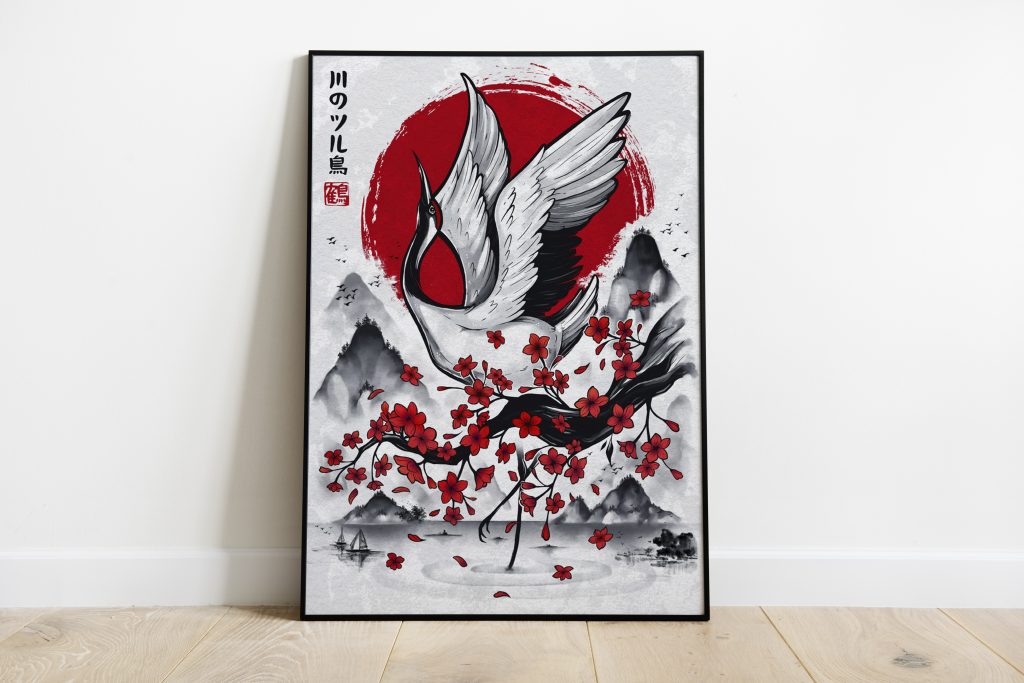 Japanese Crane Ink Wash Poster - Shark Shirts