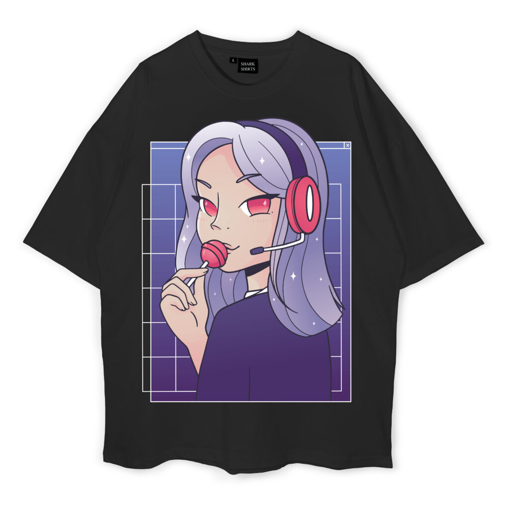 Anime Gamer Girl Lollipop Oversized T-Shirt - Shark Shirts
